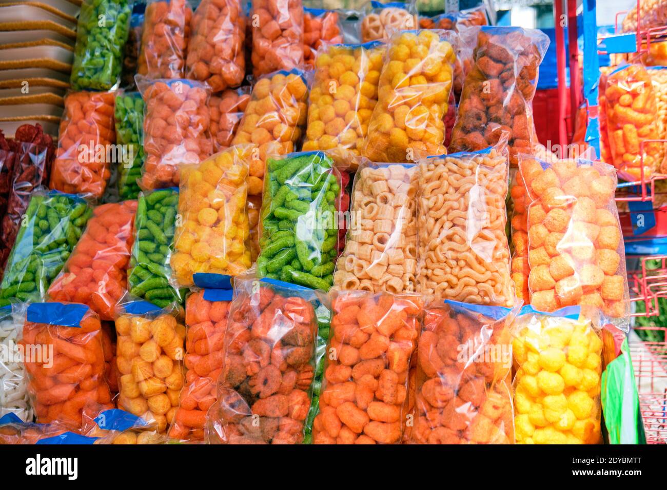 Colorful display of Junk food for sale in Mexico City Chapultepec Park ...