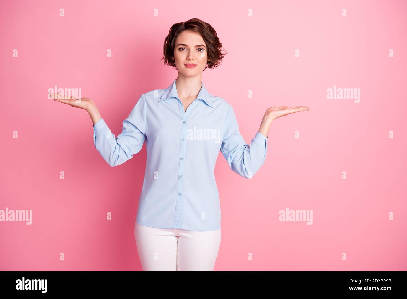 Photo of attractive self-confident lady hold two open arms palms ...