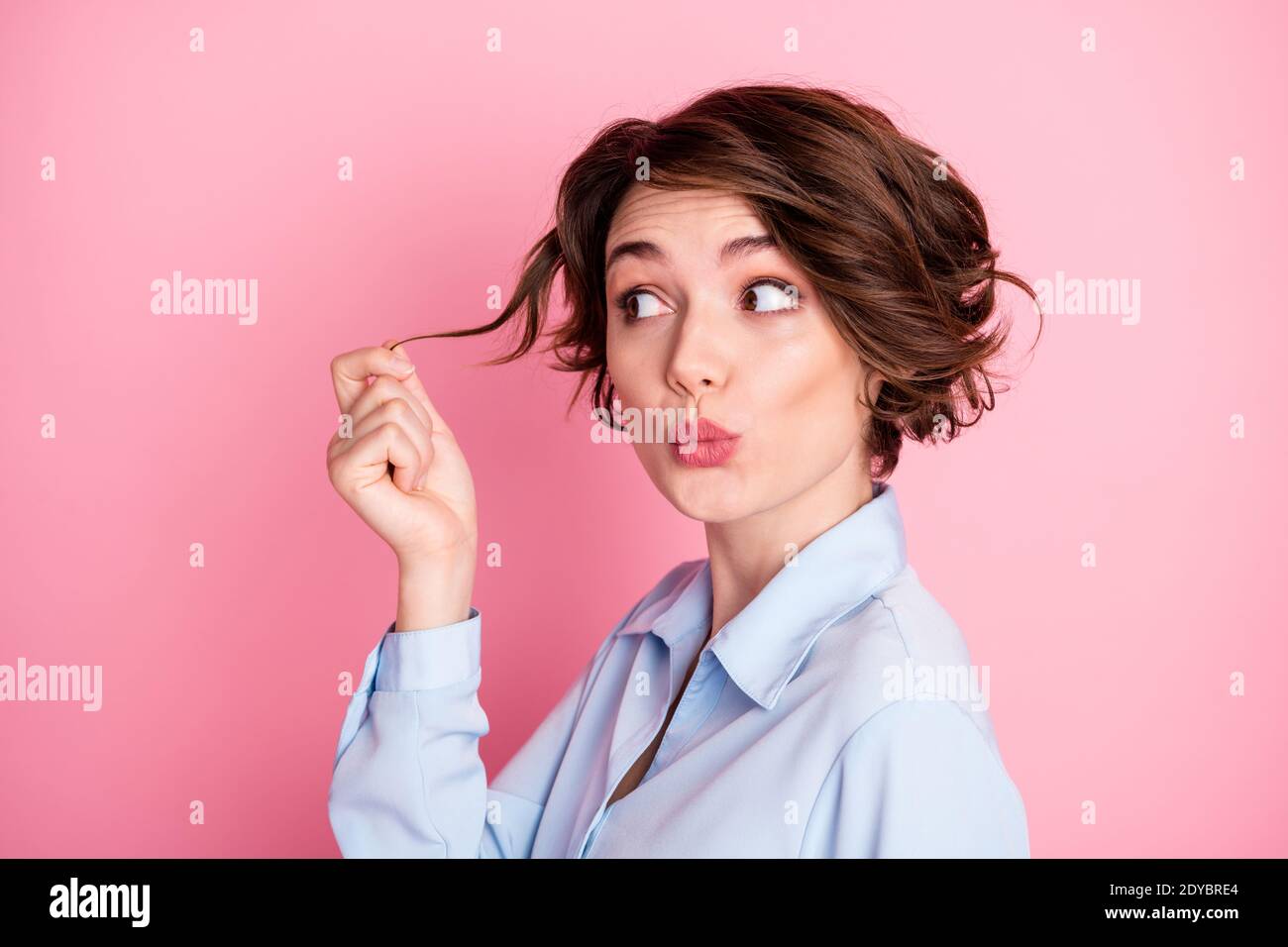 Closeup photo of attractive lady hold hairdo curl think creative idea ...