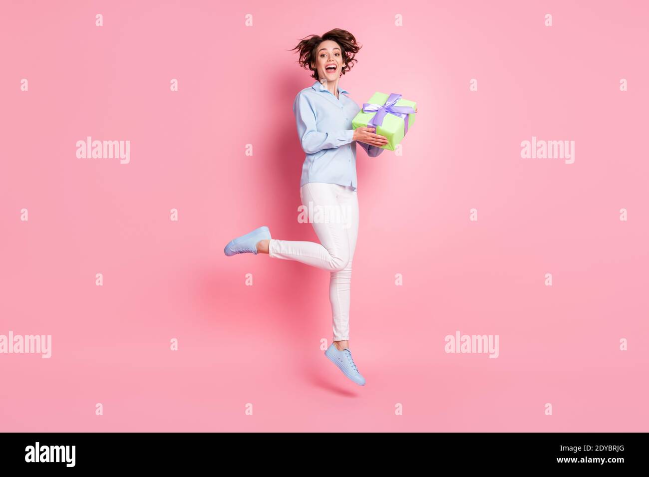 Full size profile photo of pretty funny excited lady good mood jump ...