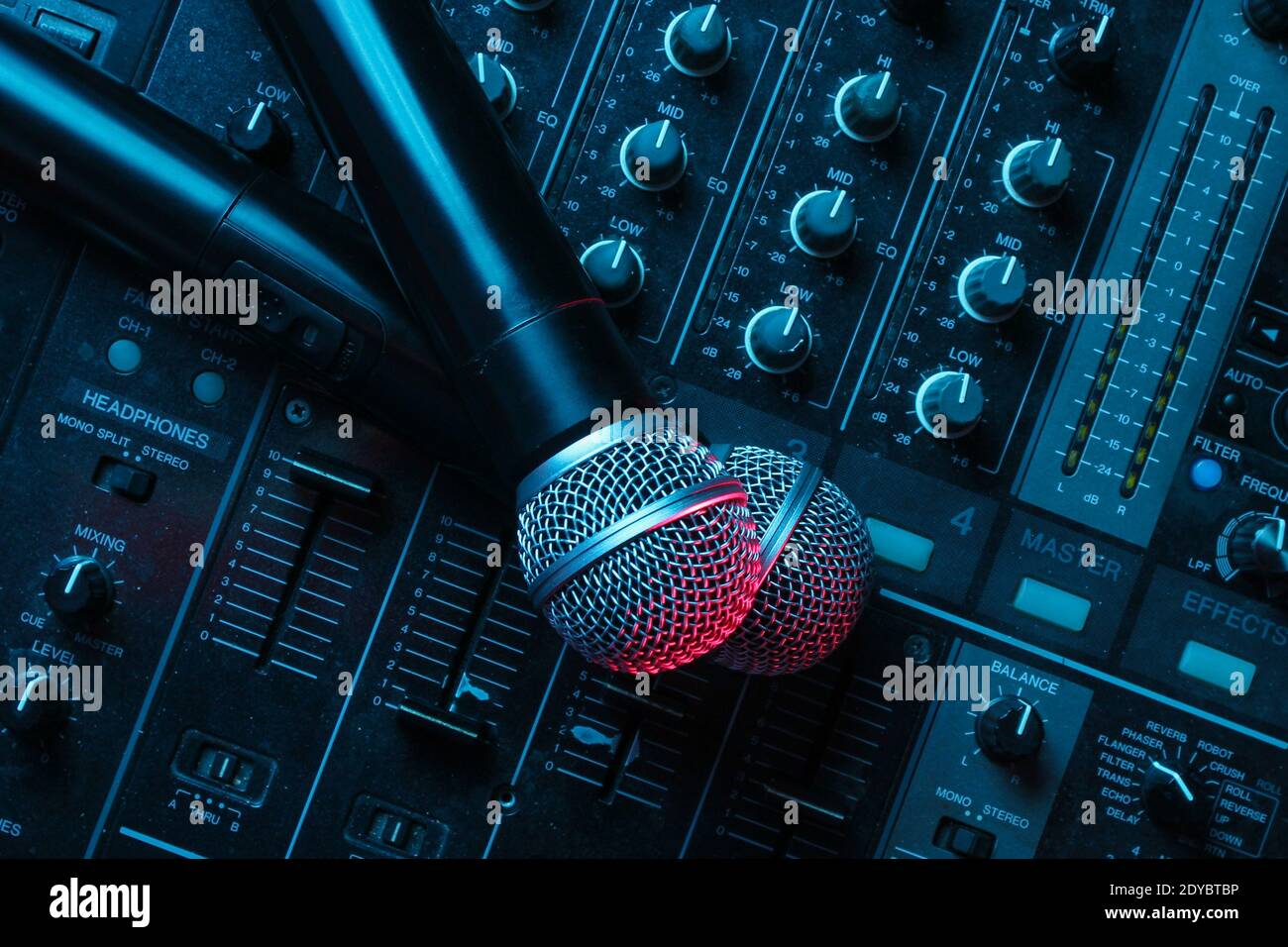 Night club, nightlife concept. Disco. Two microphone on DJ remote. Neon ...
