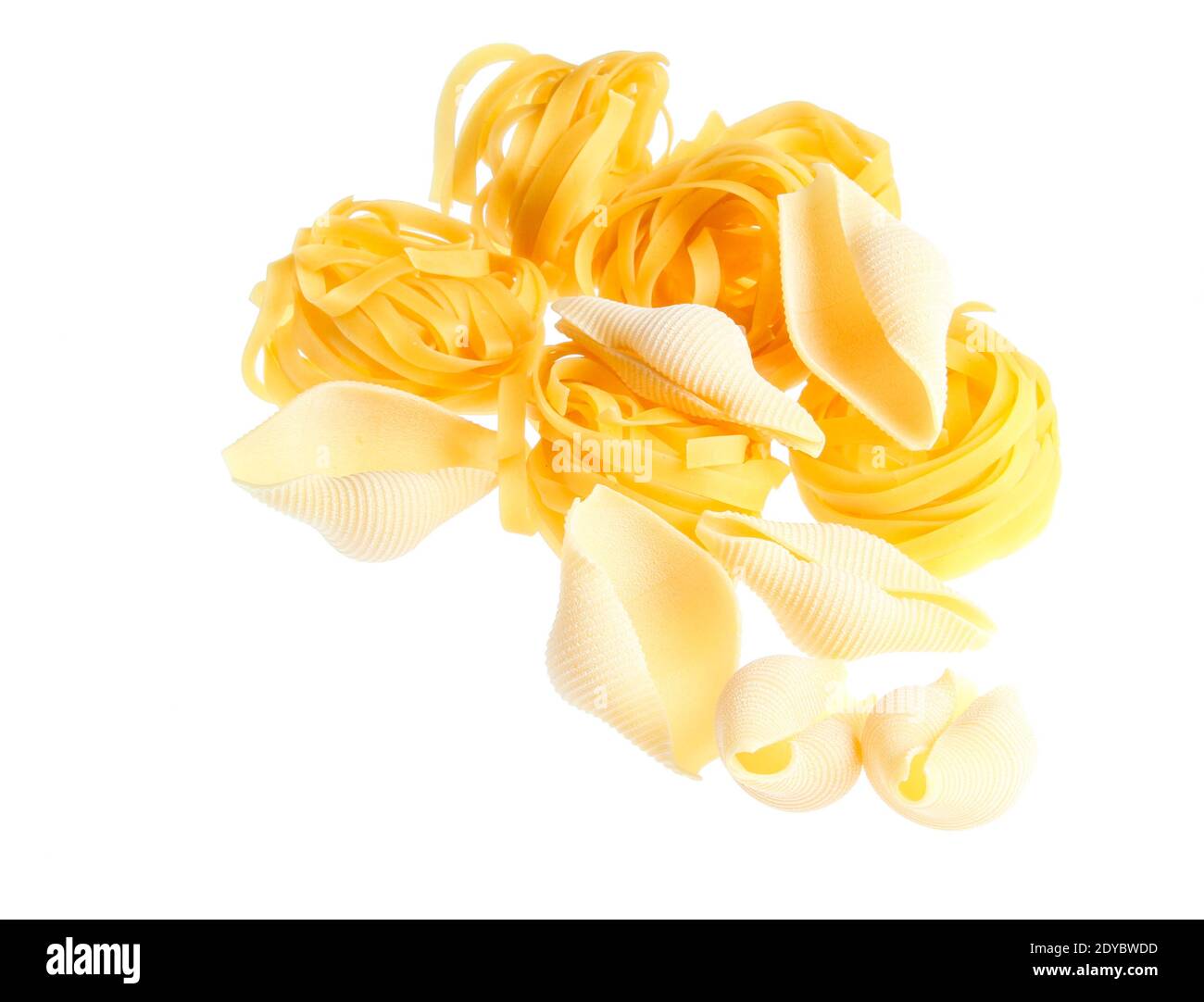 Raw dry tagliatelle noodle, conchiglioni isolated on white background ...