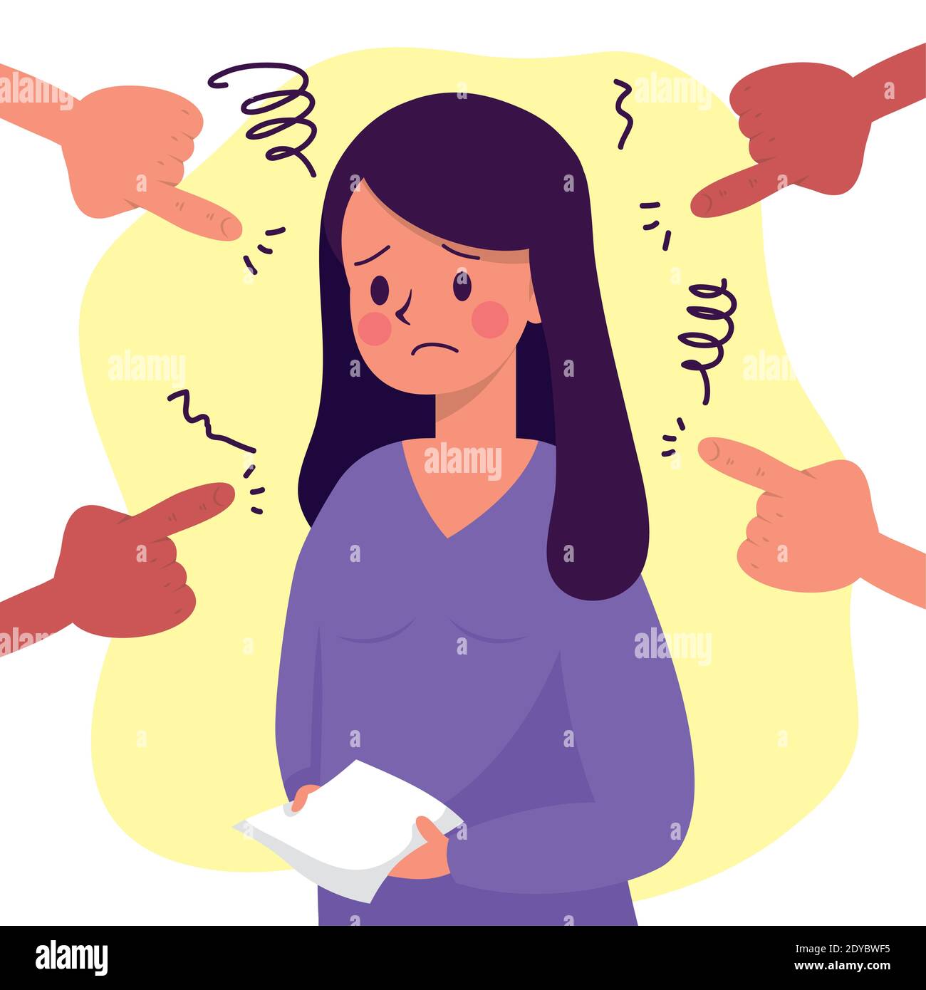 young woman with paper sheet victim of bullying character and hands ...