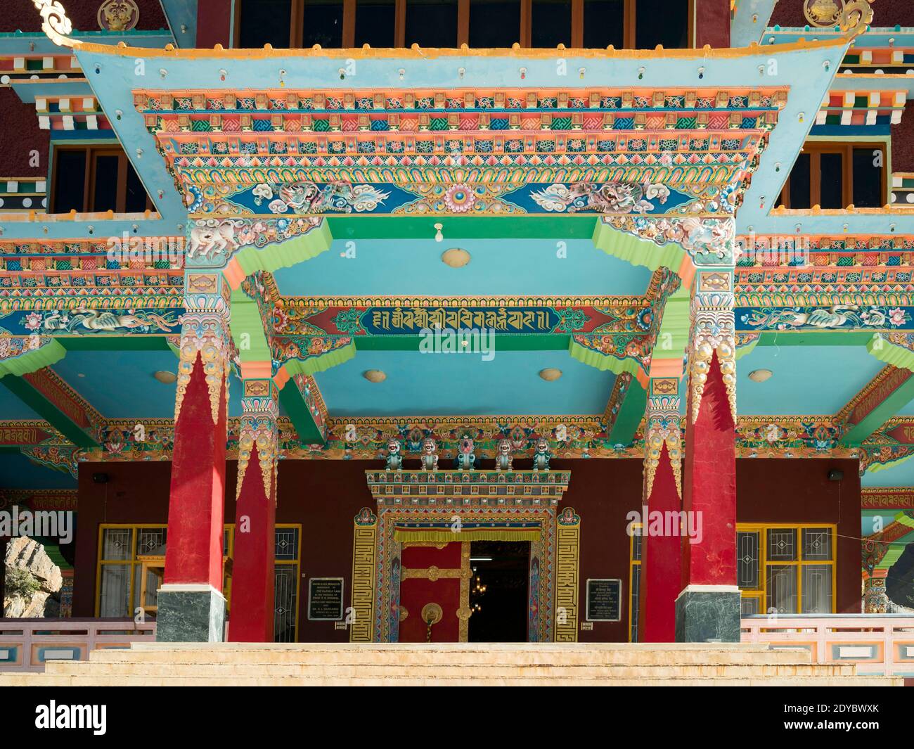 Colorful entrance to Buddhist monastery, Gompa, in summer in Kaza ...