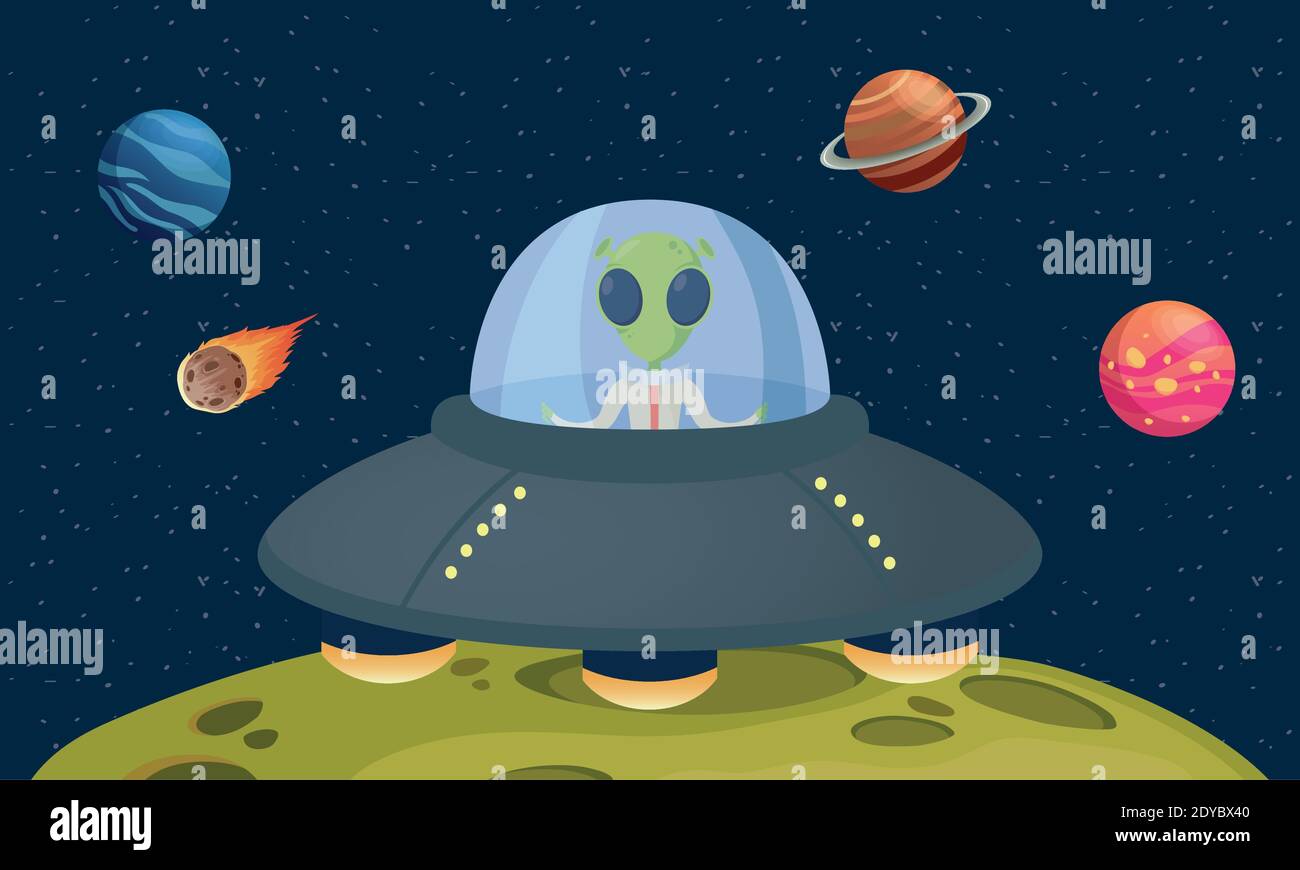 alien comic character in ufo with planets scene vector illustration ...