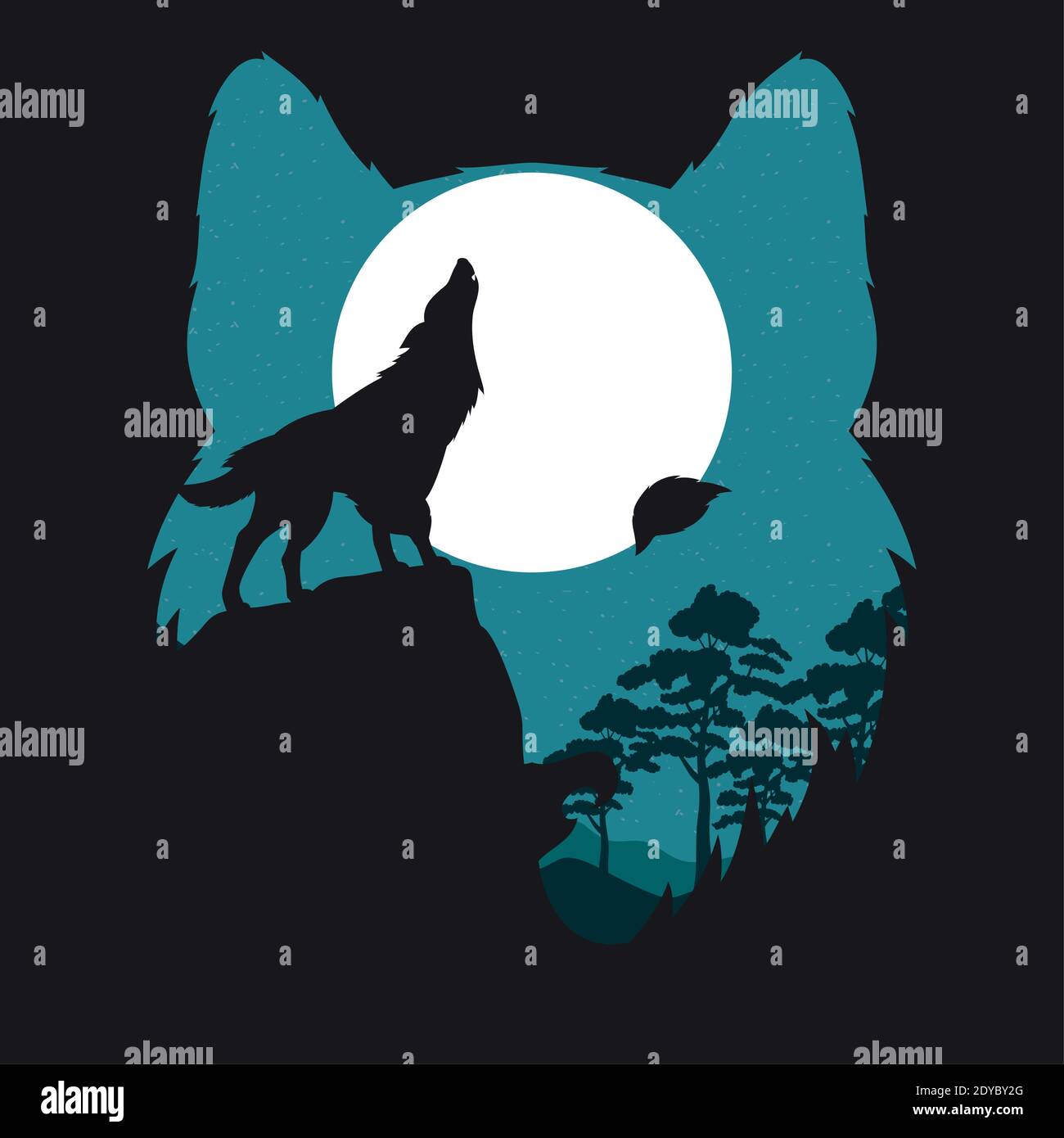 wolf howling wild fauna silhouette and moon scene vector illustration ...
