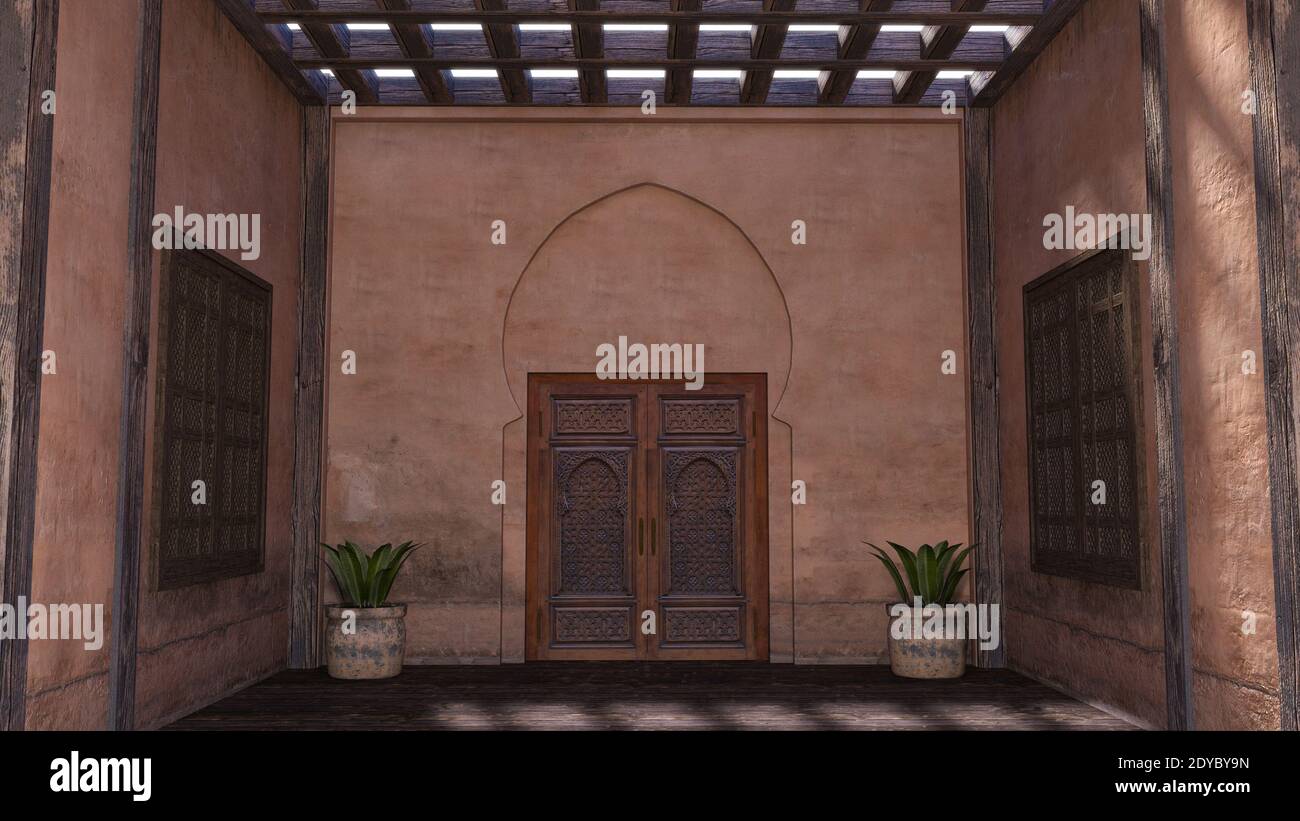 3D rendering of an traditional Arabic home facade with a front door in ...