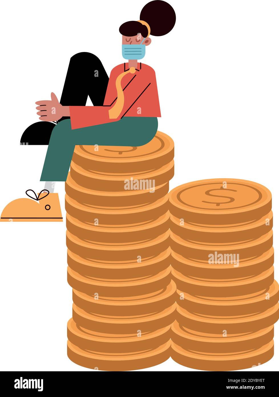 woman wearing medical mask seated in coins character vector ...