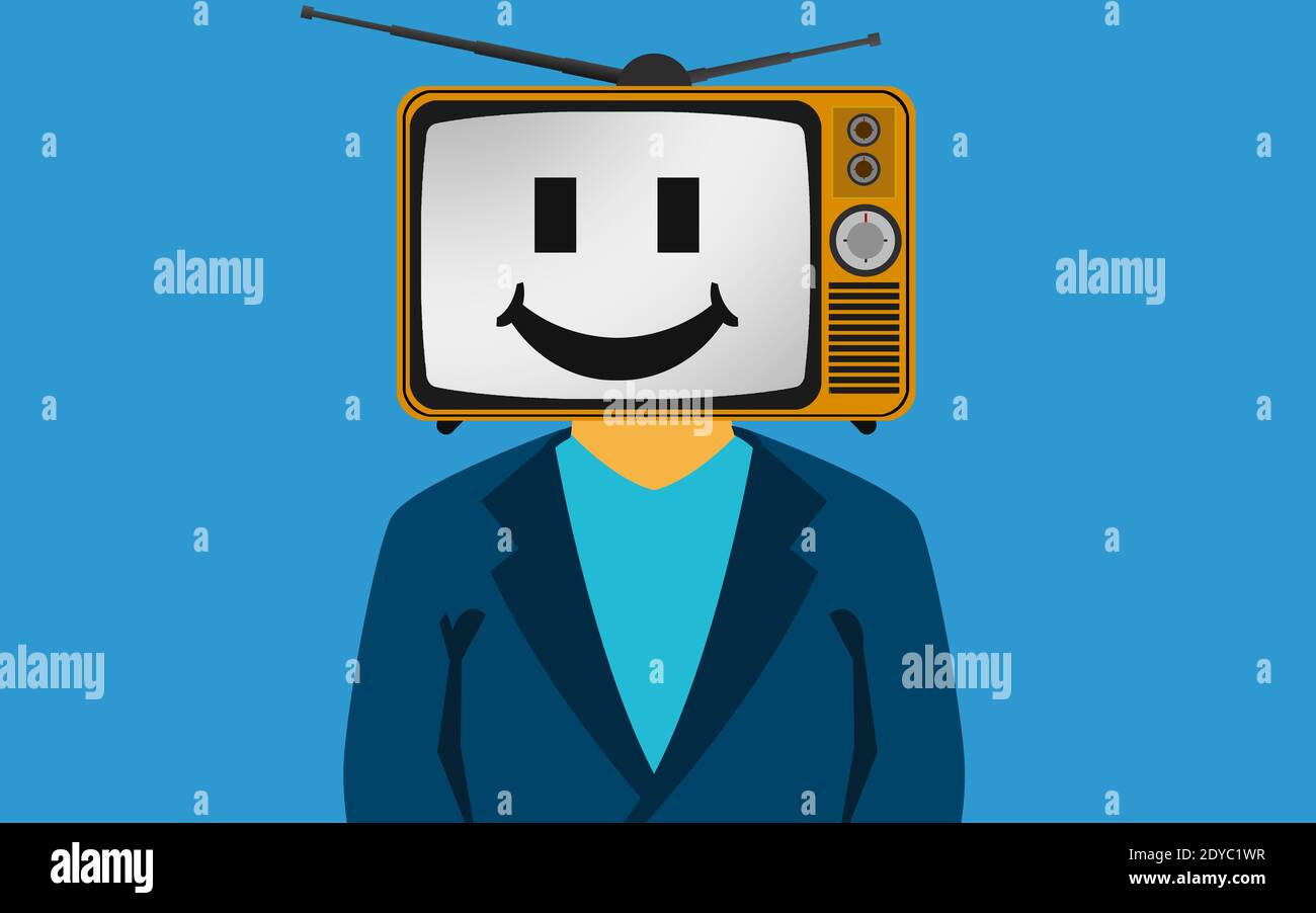 An illustration of a TV on the head of a man with a smiley face Stock ...
