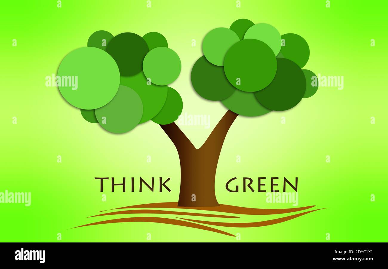 An illustration of a Think green concept with trees isolated on green ...