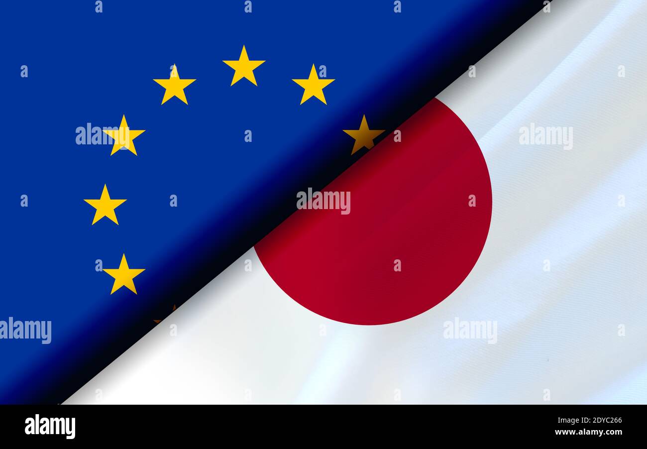 An illustration of the flags of the EU and Japan divided diagonally. 3D ...