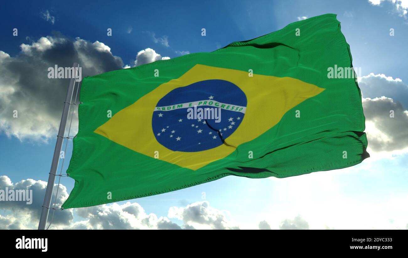 Brazil flag waving in the wind, blue sky background. 3d rendering Stock ...