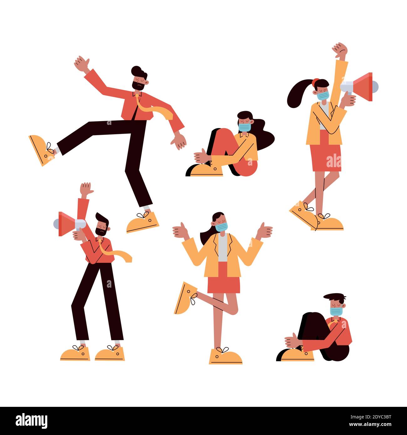 group of people wearing medical mask with megaphones vector ...