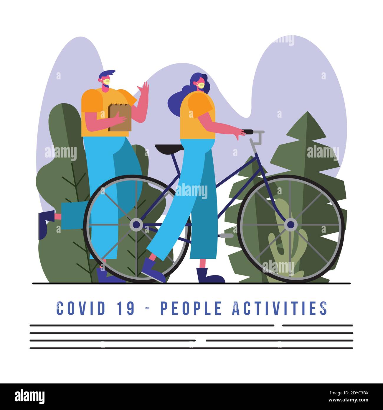 couple wearing medical masks walking with bicycle characters characters ...