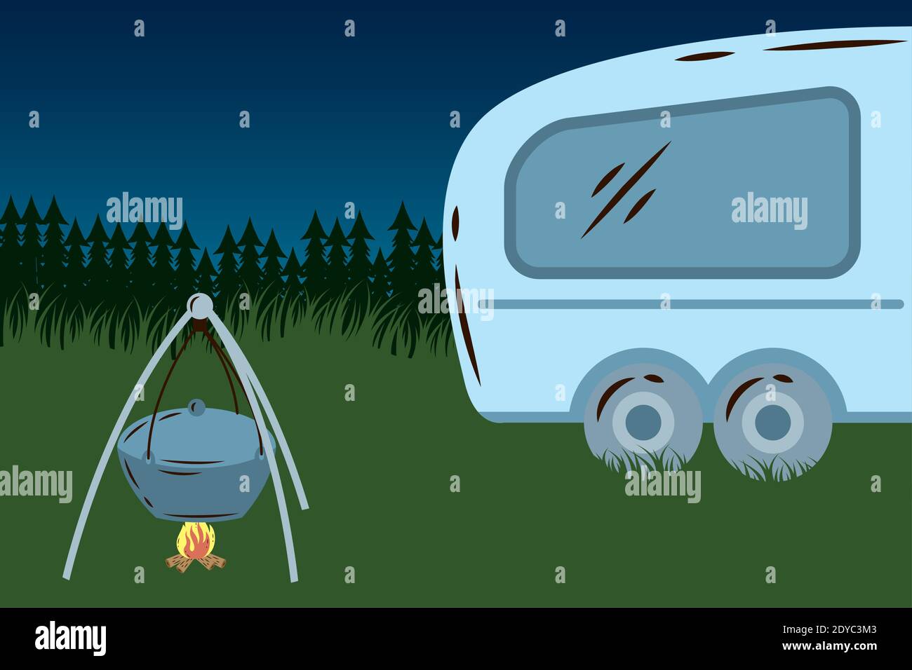 trailer camper house and pot cooking in the camp scene vector ...