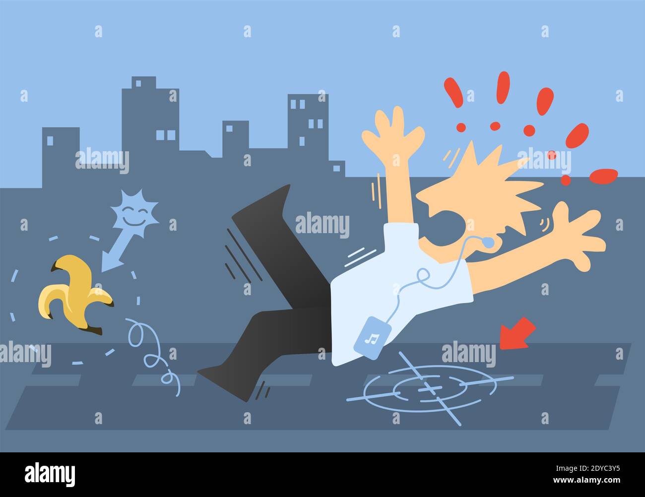 Banana skin slipping falling action cartoon color vector illustration ...