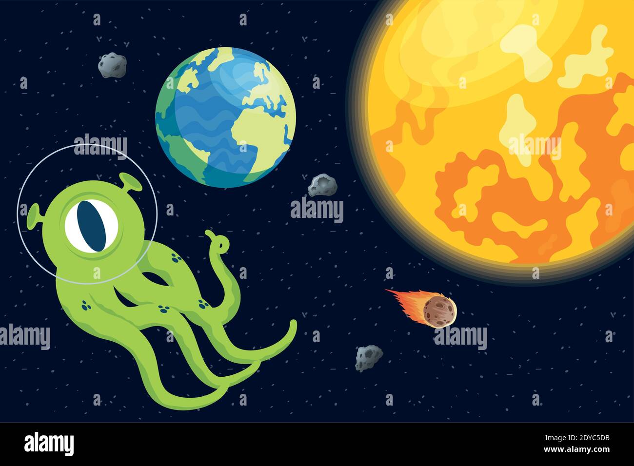 alien comic character with planets and sun vector illustration design ...