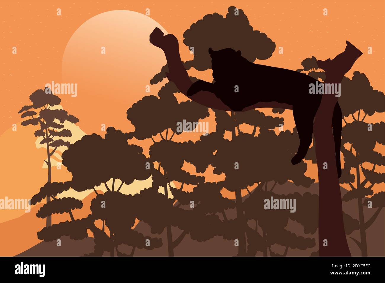 wild cougar feline in tree fauna silhouette scene vector illustration ...