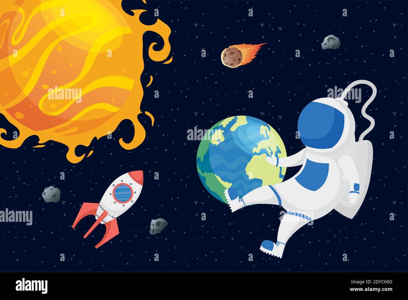 astronaut space character with planets and sun vector illustration ...