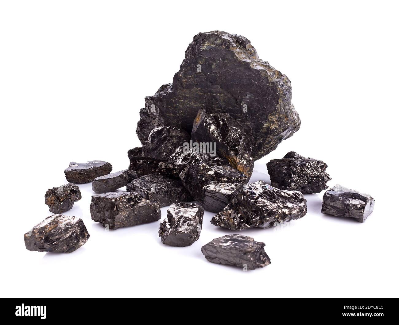 Bituminous coal mined from the bowels of the earth on a white ...