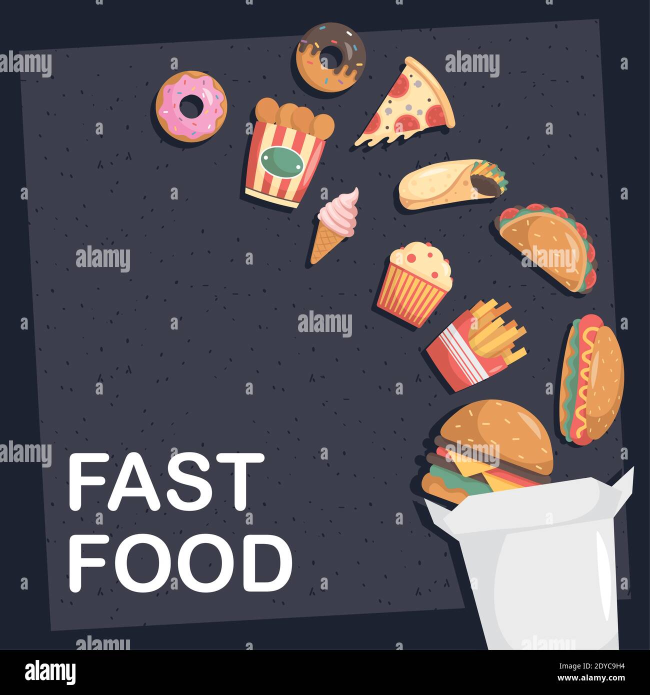 bundle of eleven fast food set icons in box and lettering vector ...