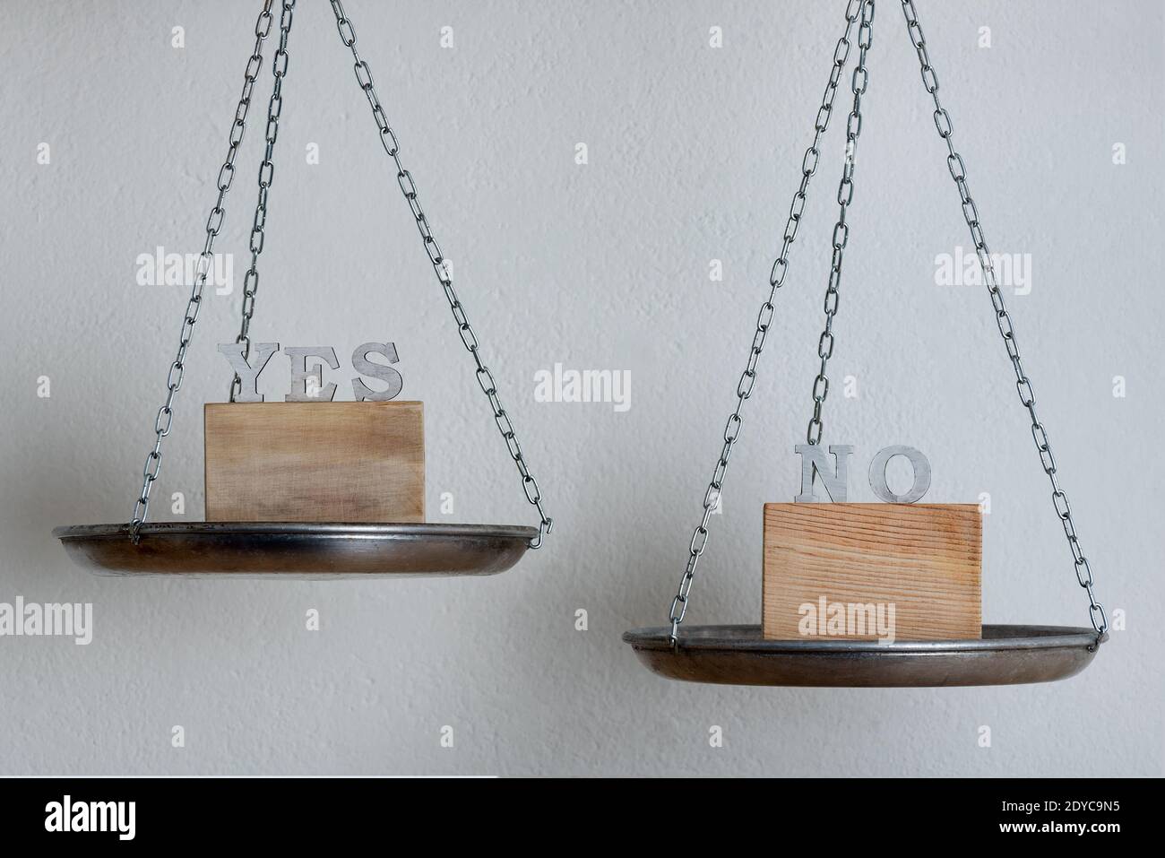 Mechanical weight scale with words Yes or No. Choice and decision ...
