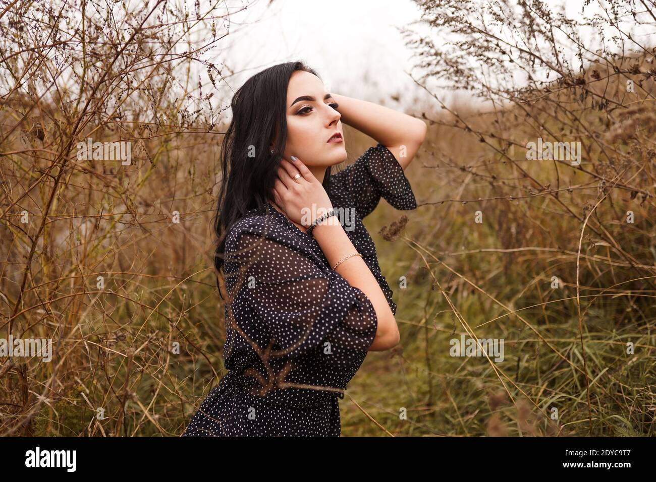 Romantic Autumn Woman Model with black Hair, Fall Fashion Girl Outdoors ...