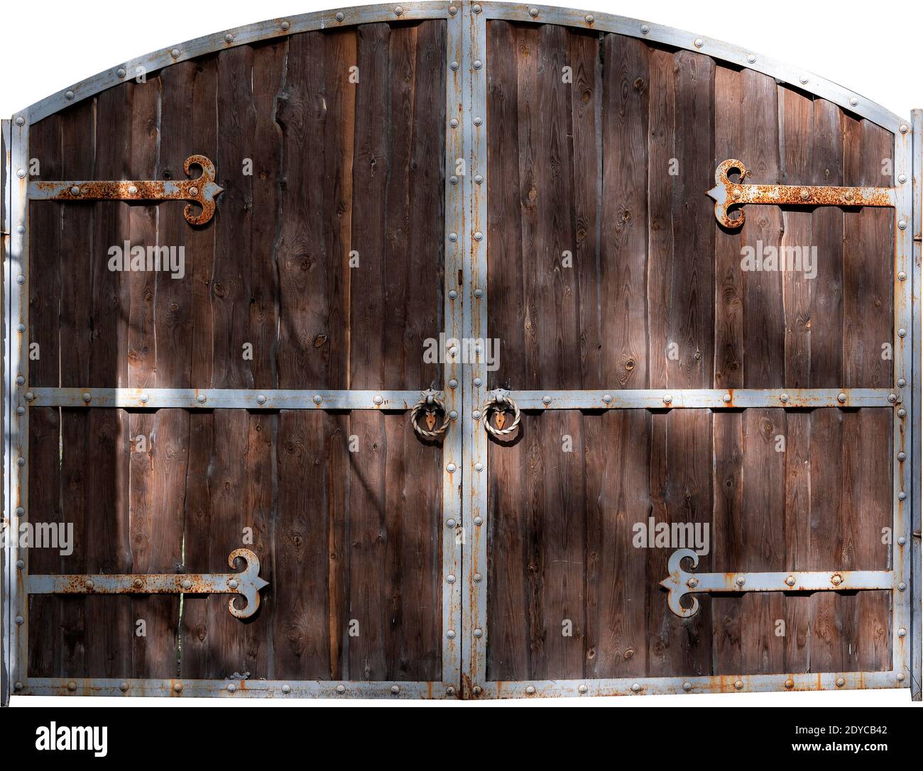 Medieval wooden gate with forged details on white background Stock ...