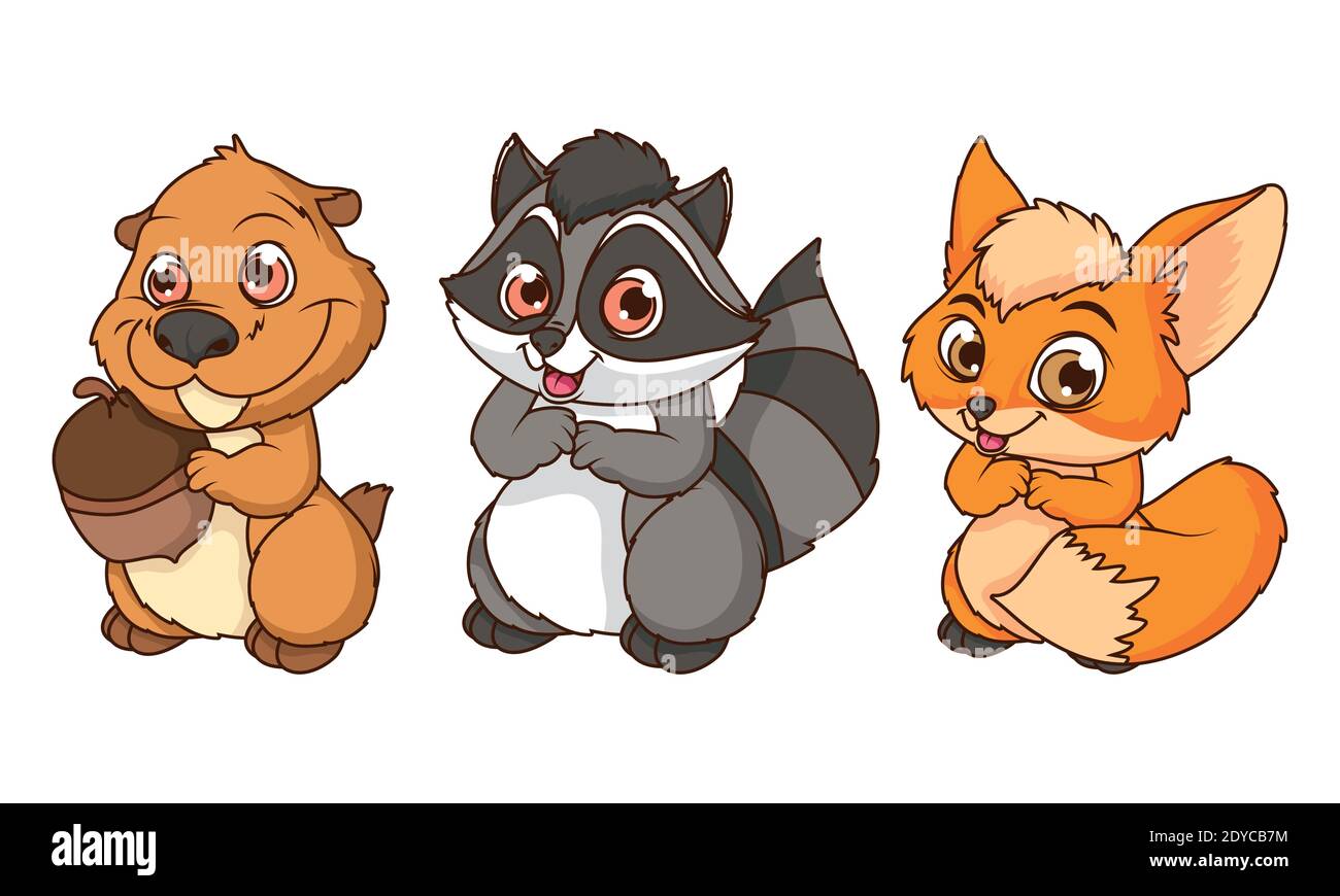 cute chipmunk with fox and raccoon comic cartoon characters vector ...
