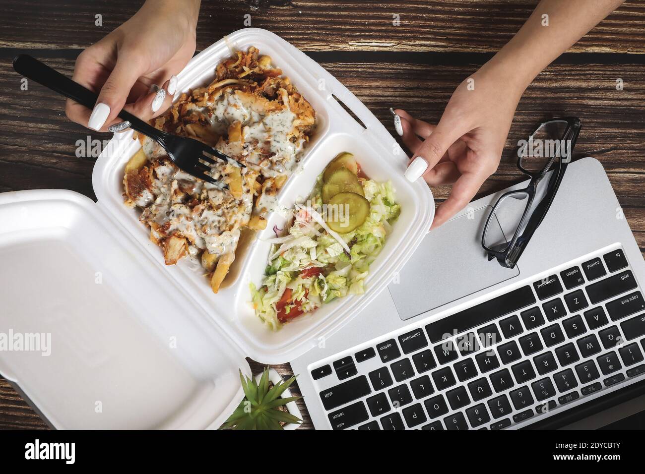 Fast food delivery at home. Eating business lunch at home. Work from ...