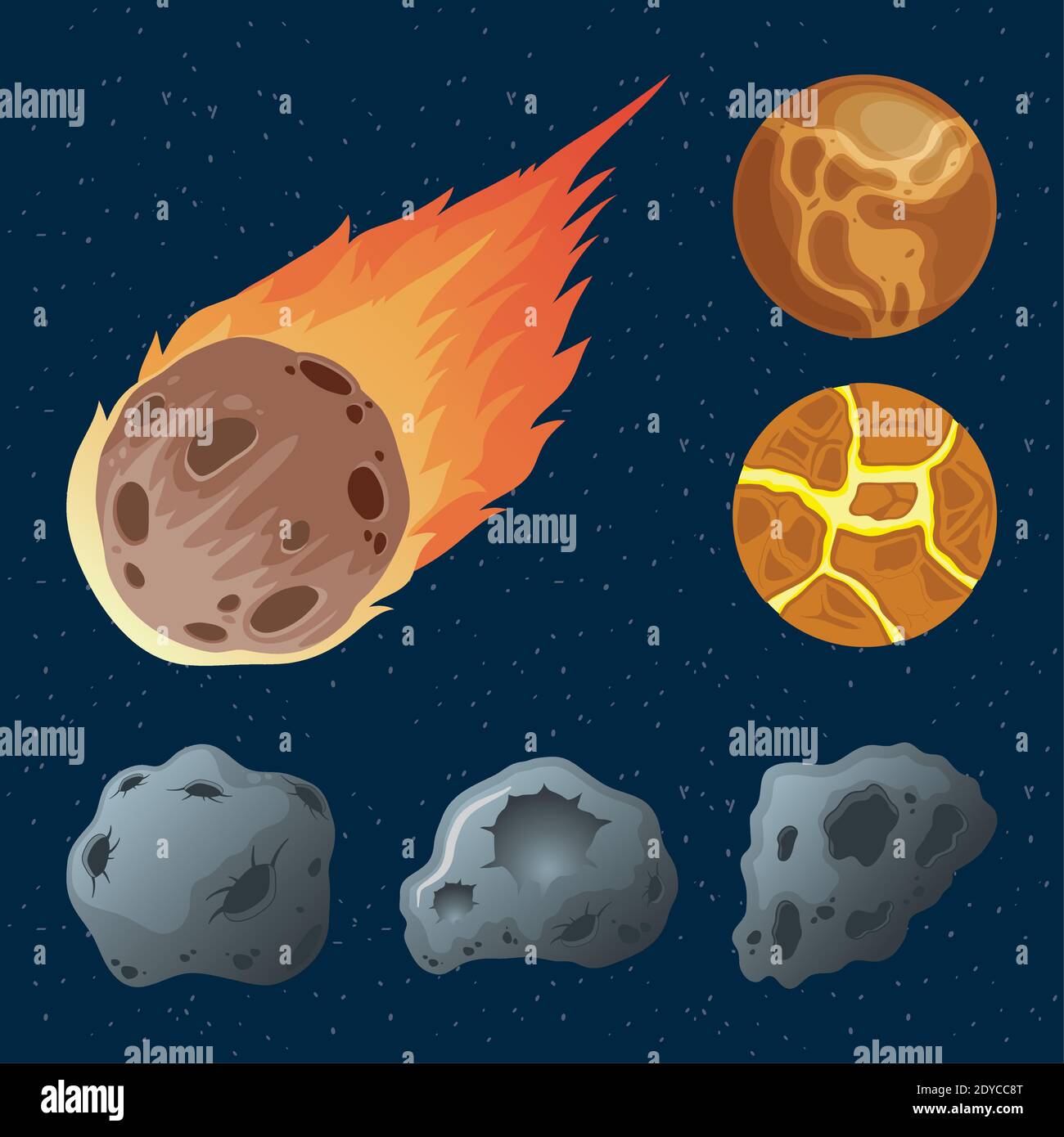 asteroids with planets and meteorite on fire icons vector illustration ...