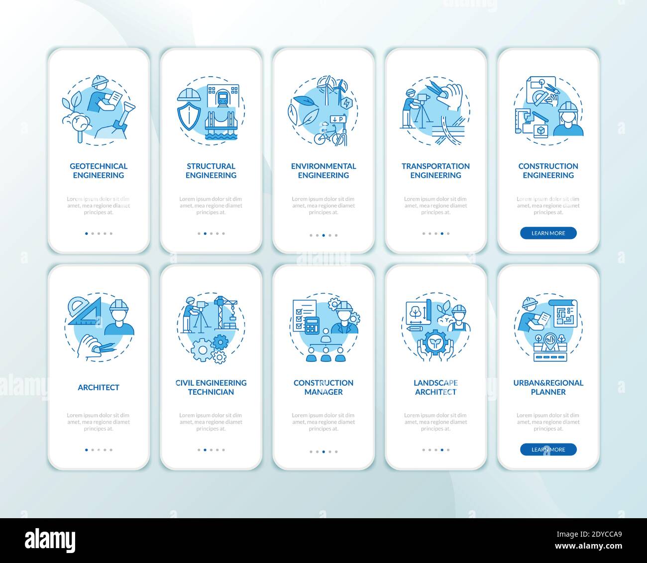 Engineering Expertise Types Blue Onboarding Mobile App Page Screen With Concept Set Stock Vector