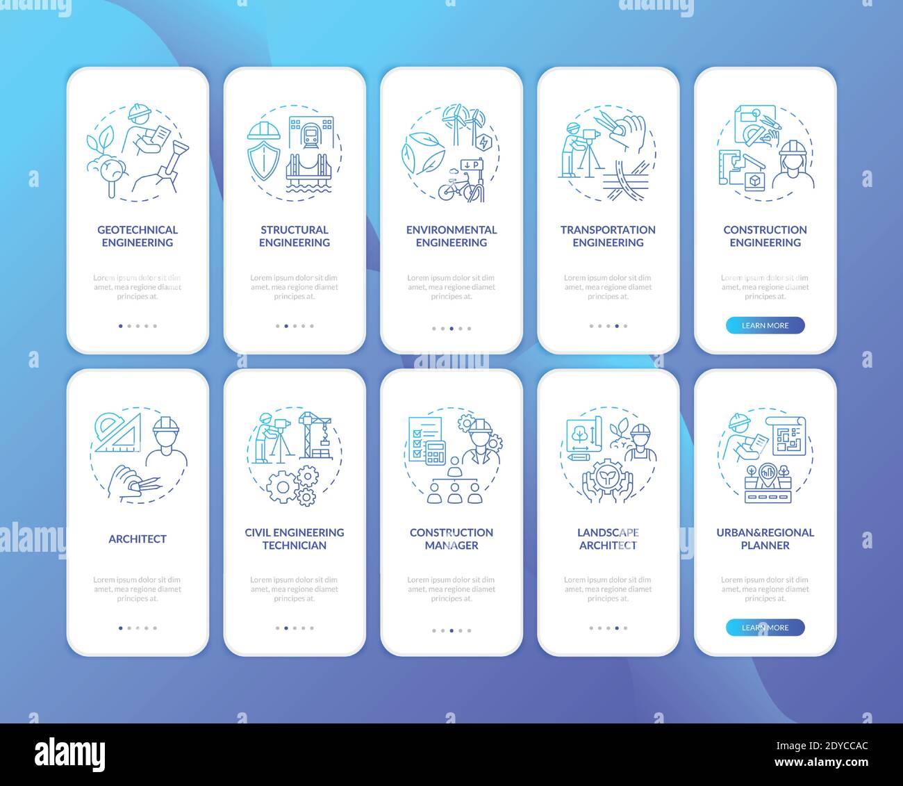 Engineering expertise types dark blue onboarding mobile app page screen ...