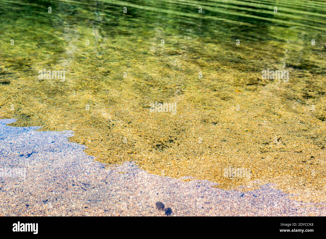 A high angle shot of transparent water and a ground visible through it ...