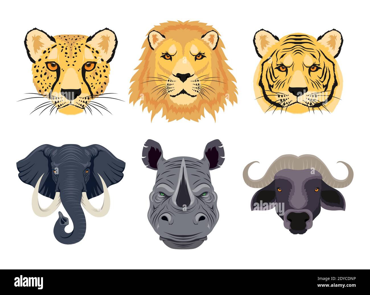 six wild animals heads fauna characters vector illustration design ...
