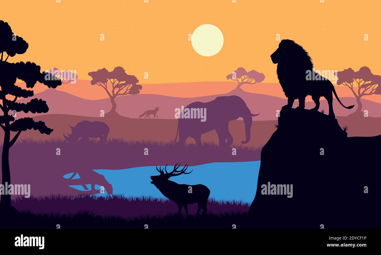 wild animals fauna silhouettes scene vector illustration design Stock ...