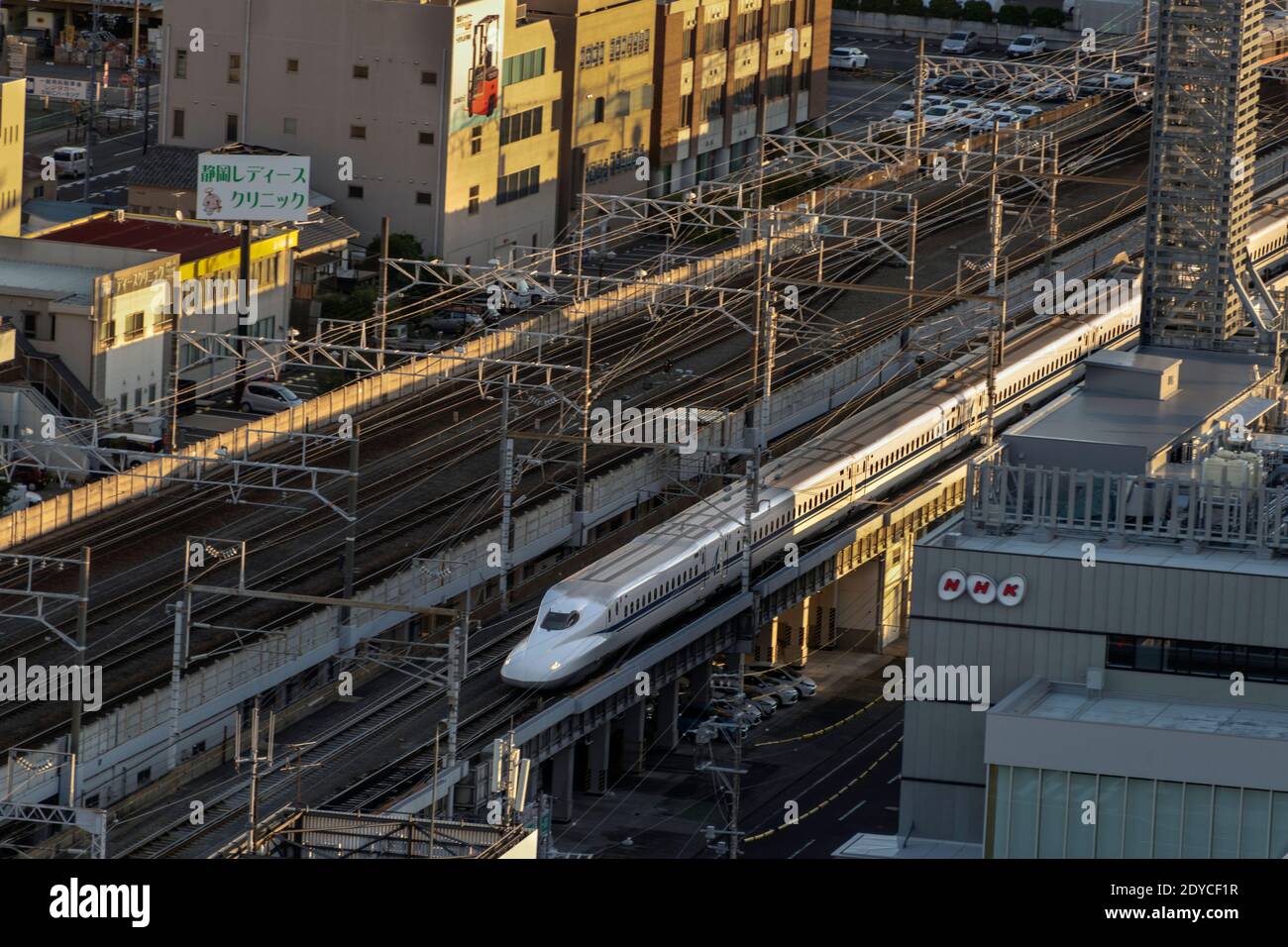 Railway lines, electrical wires and Shinkansen, Shizuoka, Japan Stock ...