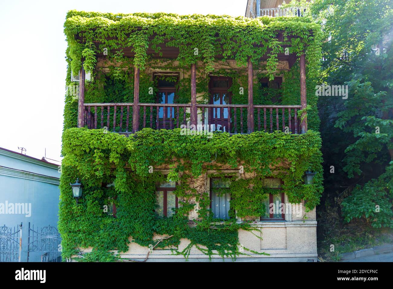 Old houses with beautiful wooden verandas in the old town of Tbilisi ...
