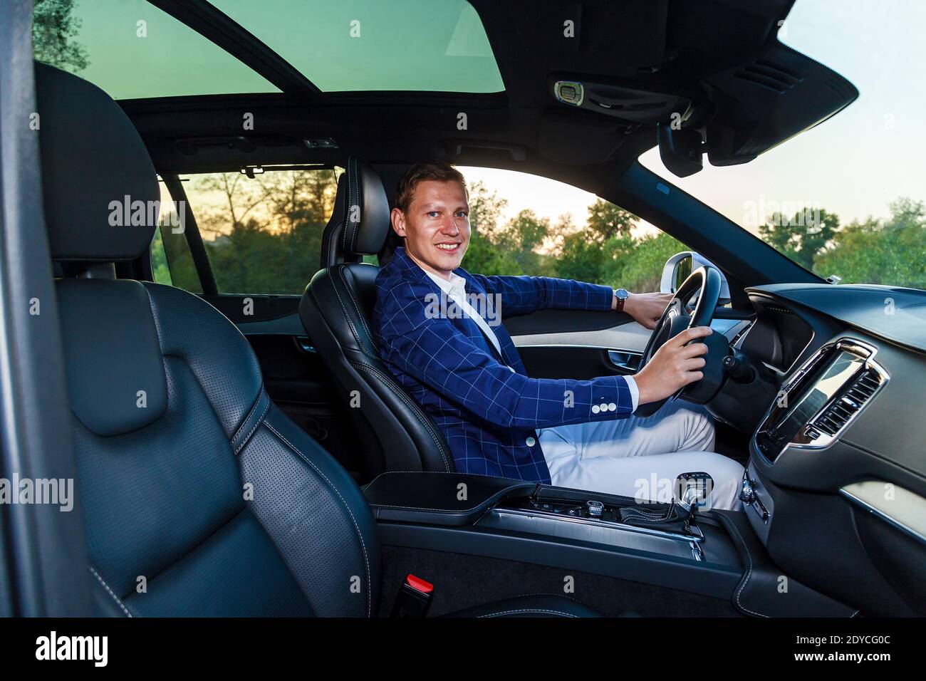 Businessman smiling behind car hi-res stock photography and images - Alamy