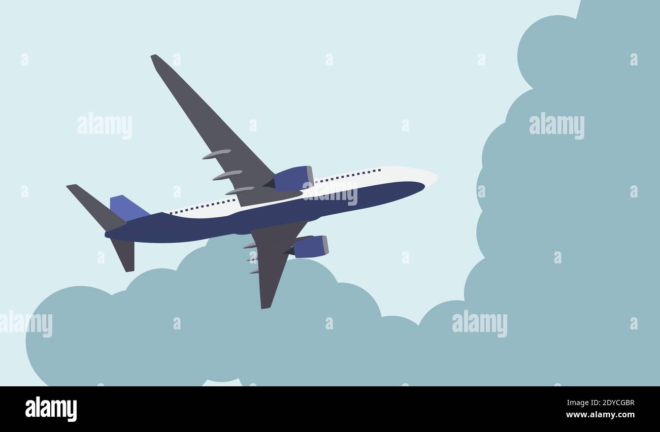 Flat airliner flying in the sky. Side view from the bottom. Vector ...