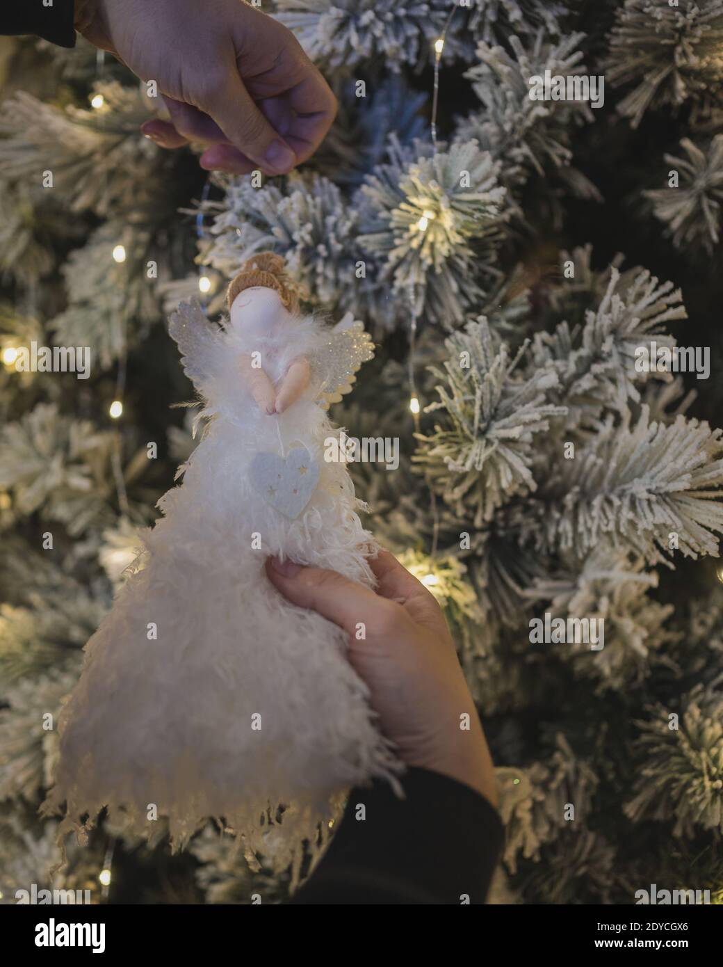 A vertical shot of hands hanging an angel ornament on a Christmas tree ...