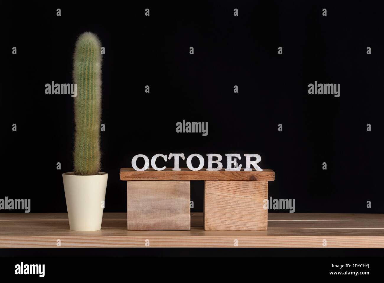 Wooden calendar of October and cactus on black background. Mock up ...