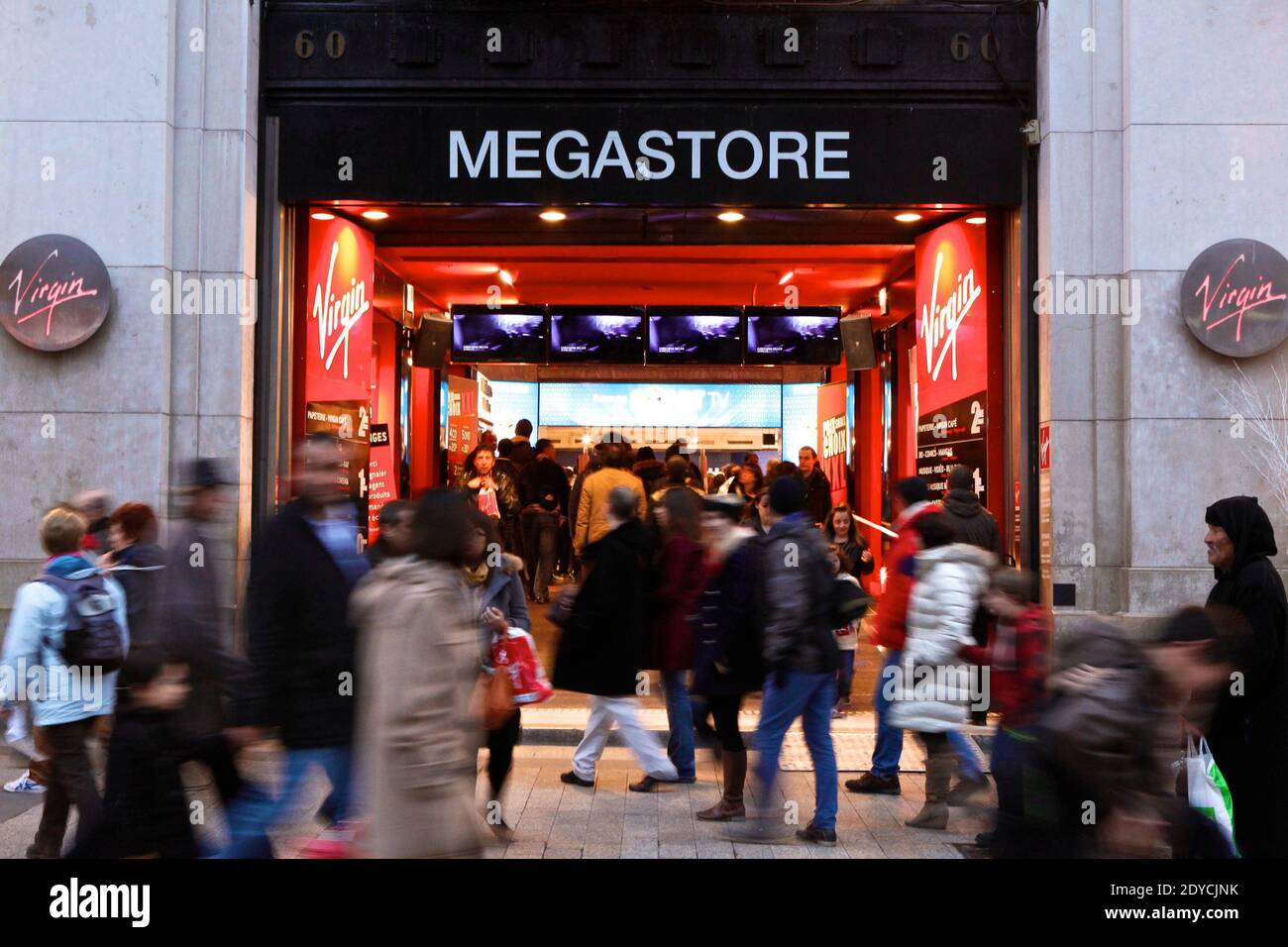 An outside view of the Virgin Megastore on the Champs Elysees in Paris ...