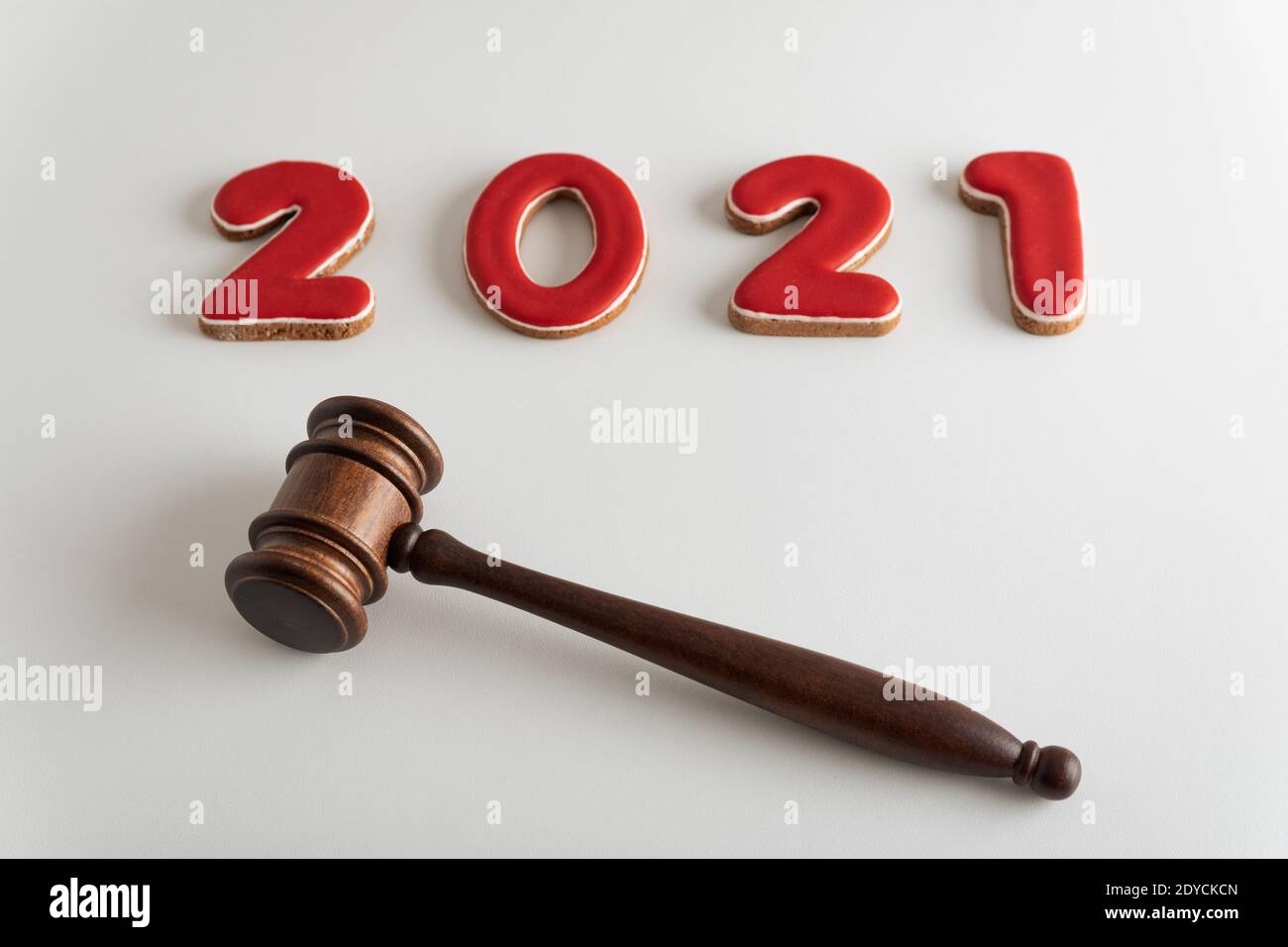 Red lettering 2021 and judges gavel or hammer for auction on white ...