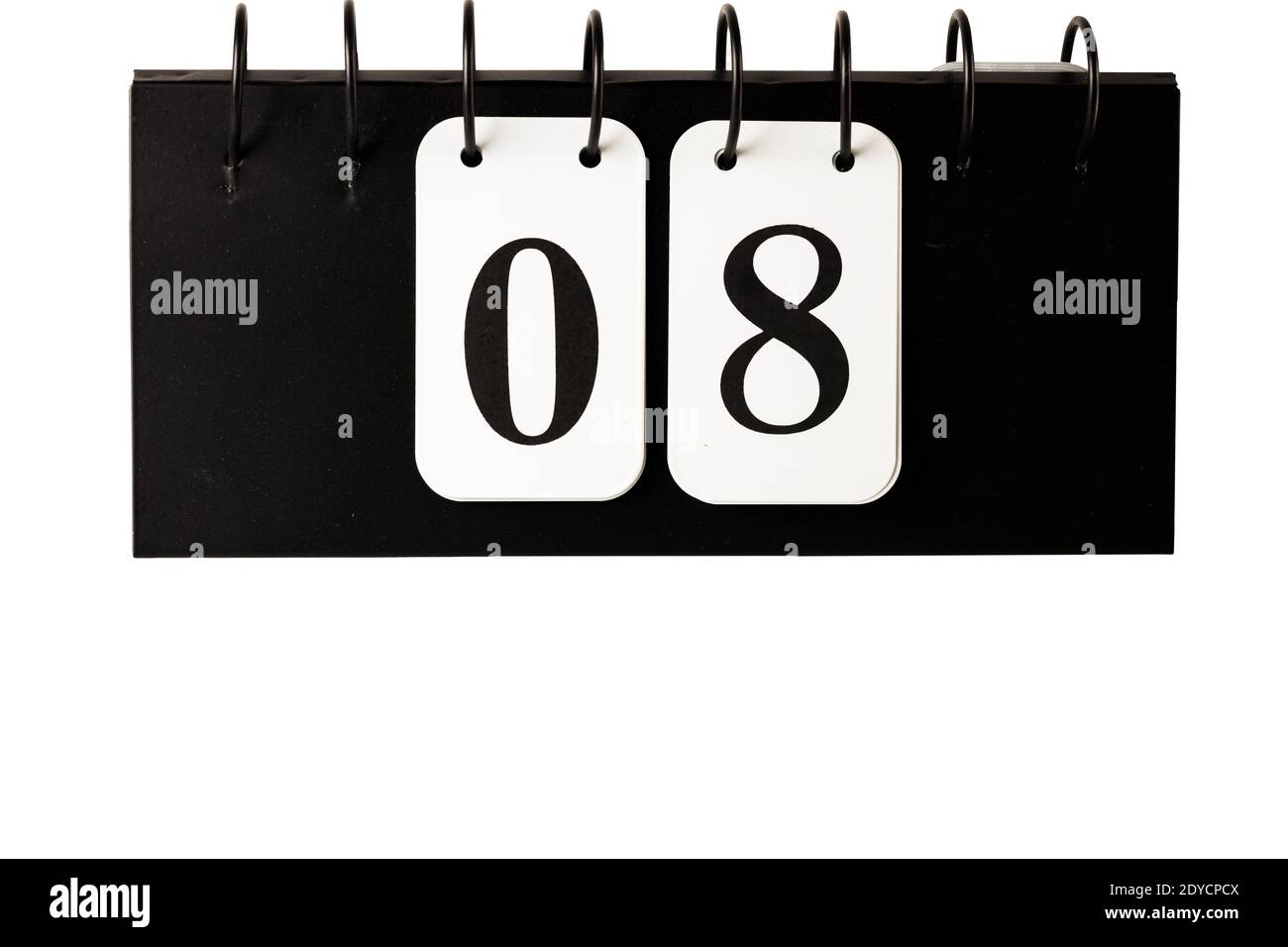 Close up view of calendar with selected date 08 isolated on white ...