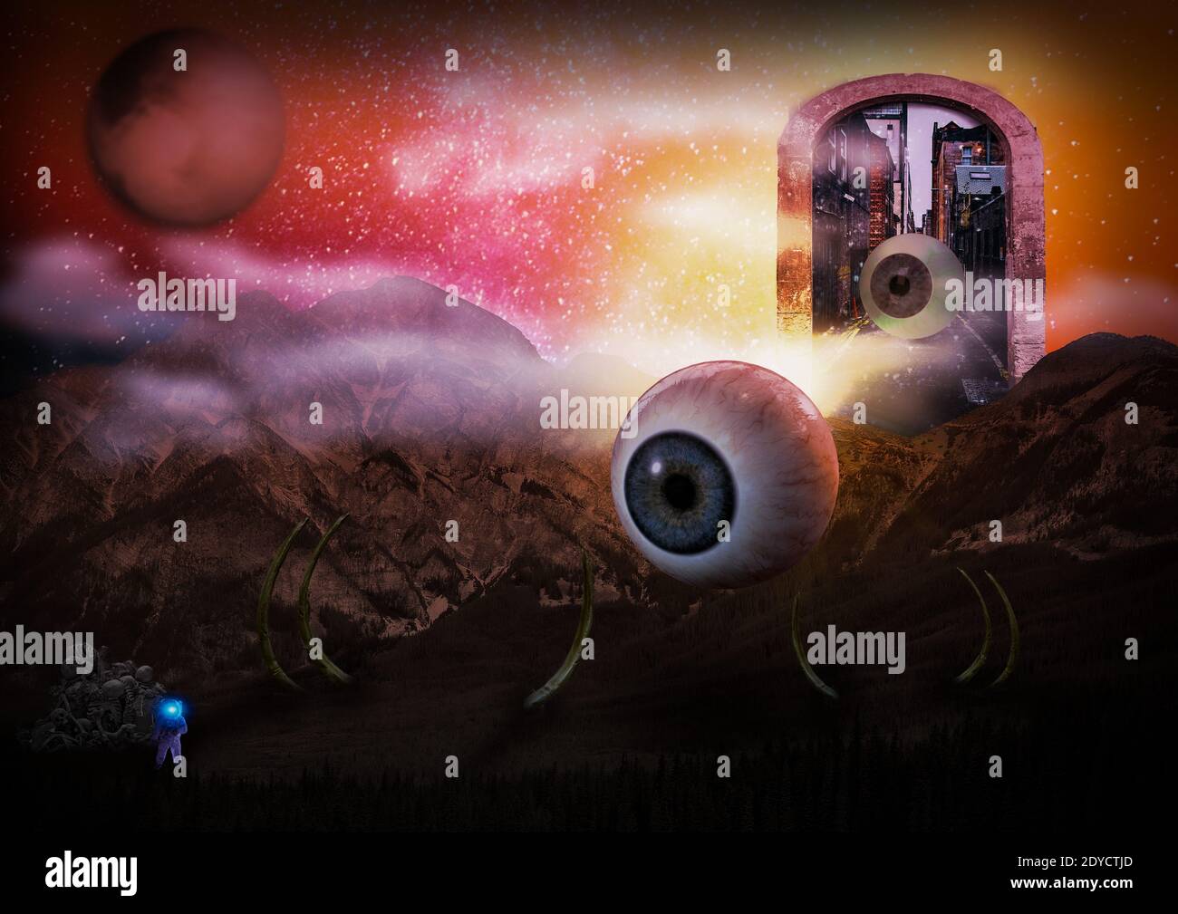 The space with a range of 3D rendering of human eyes looking an ...