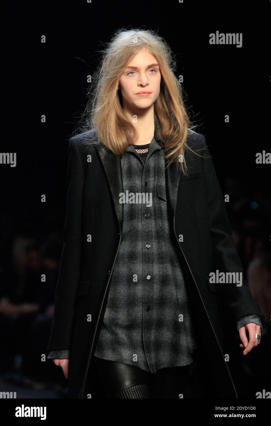 A model displays a creation by Hedi Slimane for Yves Saint-Laurent Men ...