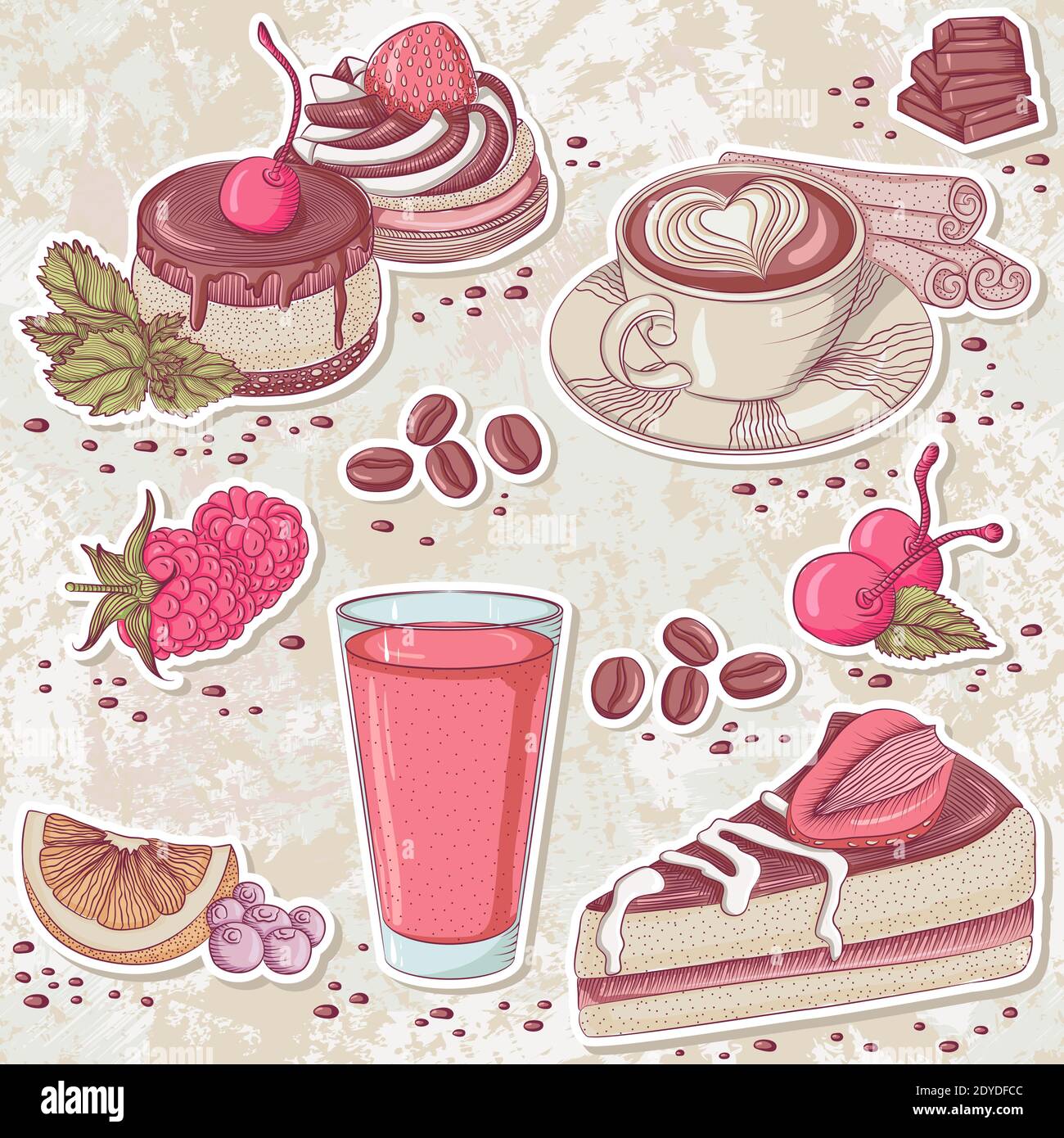 A set of stickers with desserts, sweets, fruit and drinks. Vector ...