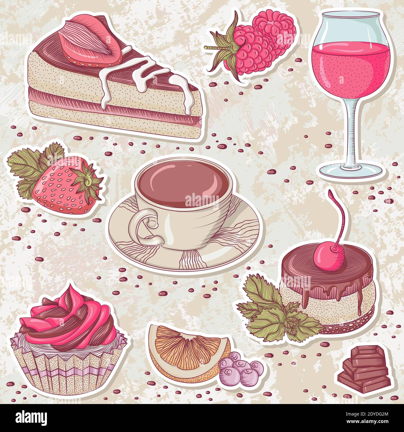 Set of stickers with desserts, sweets, fruit and drinks. Vector vintage ...
