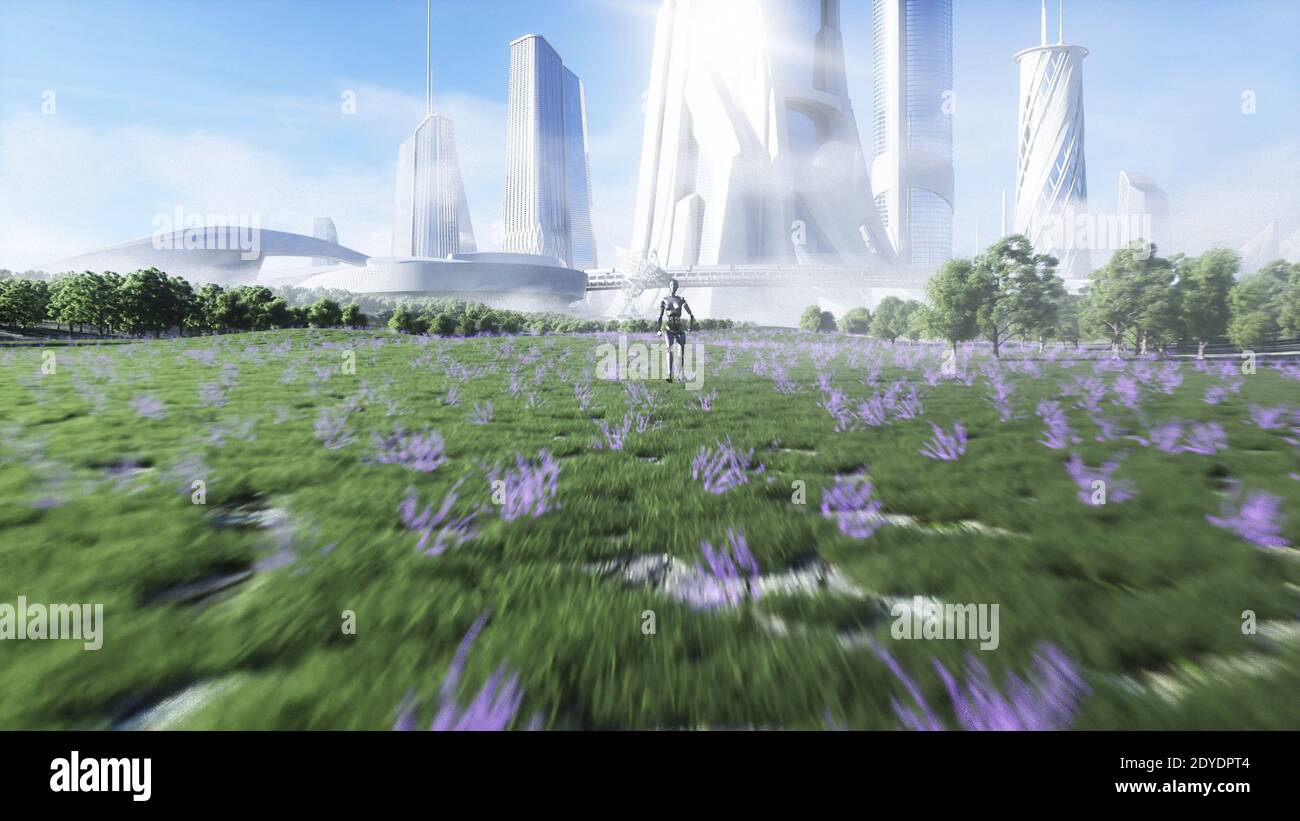 Female robot walks grass field . Sci fi city background. Concept of ...